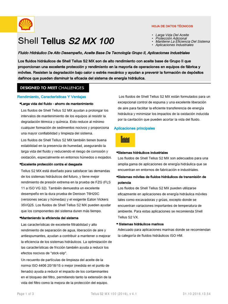 Shell Tellus S2 MX 100: Fluido Hidráulico | PDF