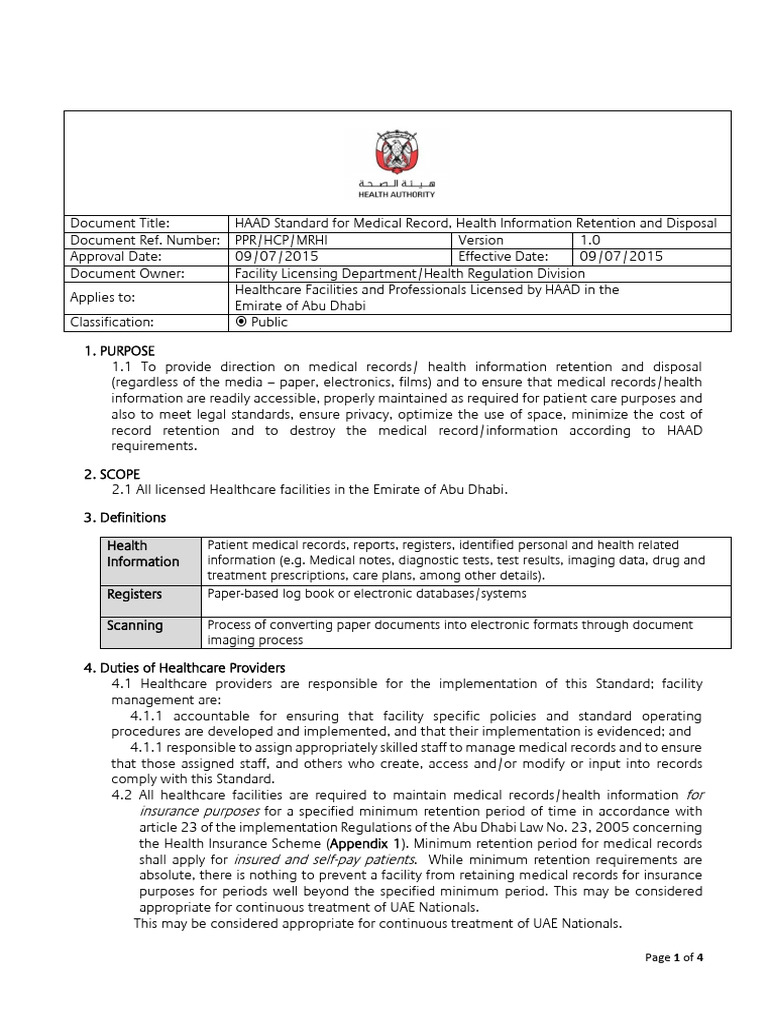 HAAD Standard For Medical Record Health Information Retention and ... HAAD Standard For Medical Record Health Information Retention and ...