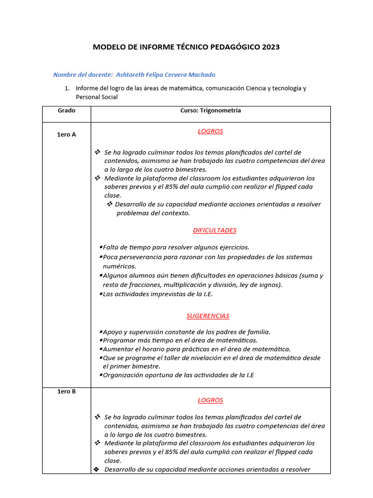 Avance MODELO DE INFORME TÉCNICO PEDAGÓGICO 2023 | PDF