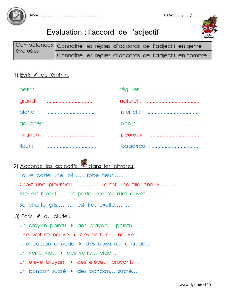 Évaluation de l'accord des adjectifs | PDF | Maison et jardin
