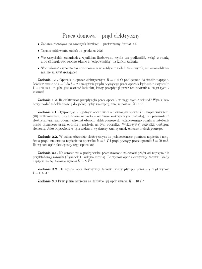 Praca Domowa - Klasa 2, Prąd | PDF