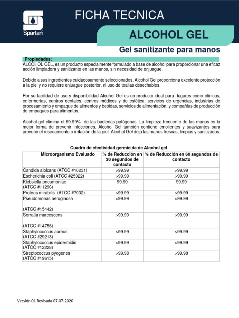 ALCOHOL GEL - Ficha Tecnica | PDF | Microbiología | Especialidades Medicas
