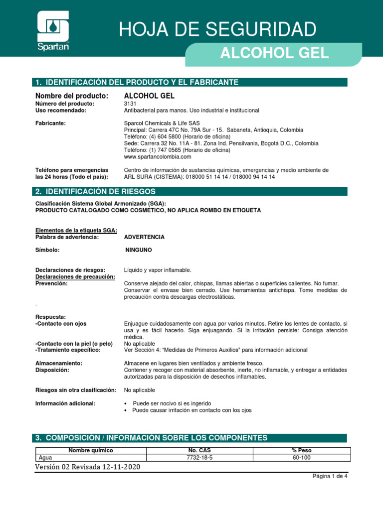 ALCOHOL GEL - Hoja de Seguridad | PDF