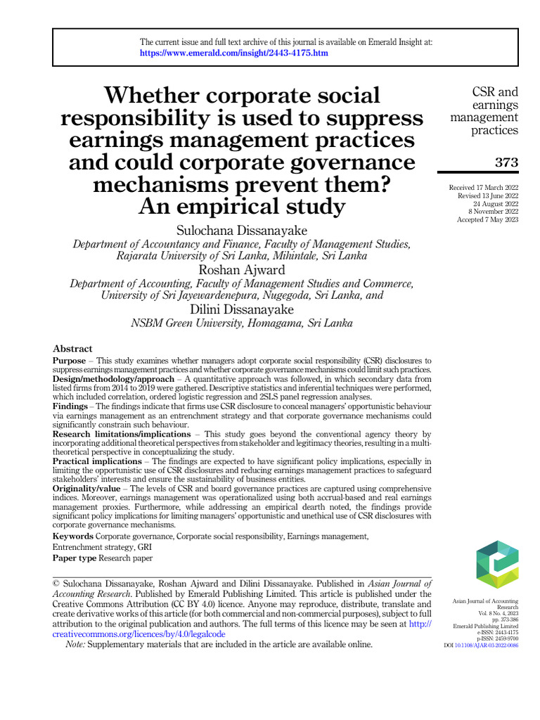 Whether Corporate Social Responsibility (10-1108 - AJAR-03-2022-0086) | PDF | Corporate Social ...