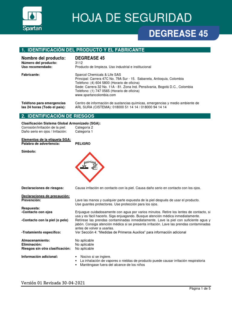 DETERGENTE MULTIUSOS DEGREASE 45 Hoja de Seguridad | PDF | Química | Naturaleza