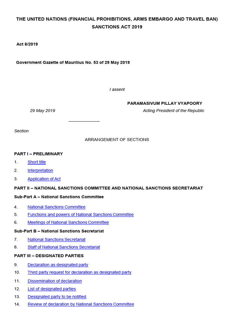 Mauritius UN Sanctions Act 2019 | PDF | Money Laundering | Government