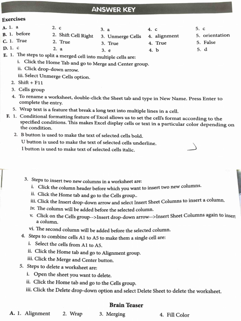 Excel Answer Key & Instructions | PDF