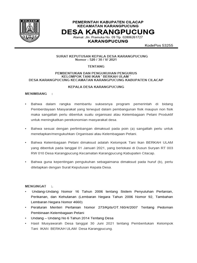 SK Kelompok Tani Ikan Sali | PDF