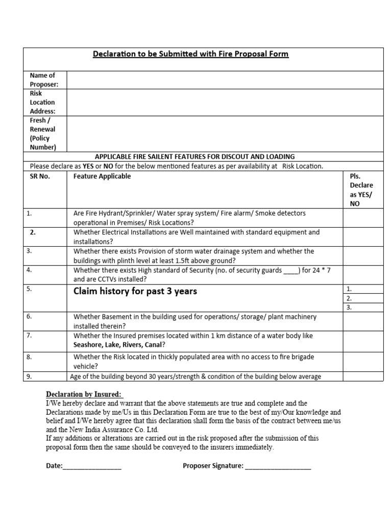 New Declaration To Be Submitted With Fire Proposal Form | PDF New Declaration To Be Submitted With Fire Proposal Form | PDF