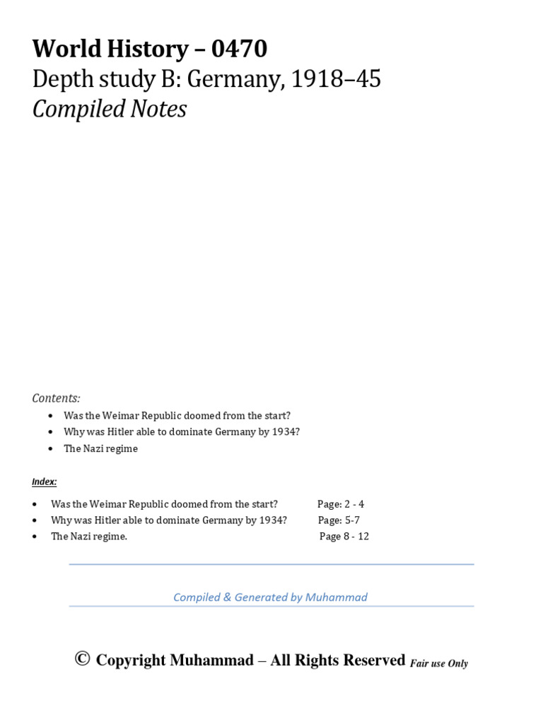 World History - 0470 Germany, 1918-45 (Compiled Notes) | PDF