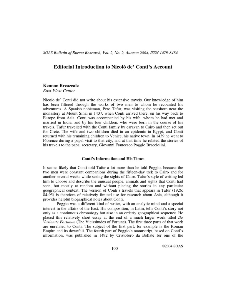 Editorial Introduction To Nicolò De' Conti's Account | PDF | Marco Polo