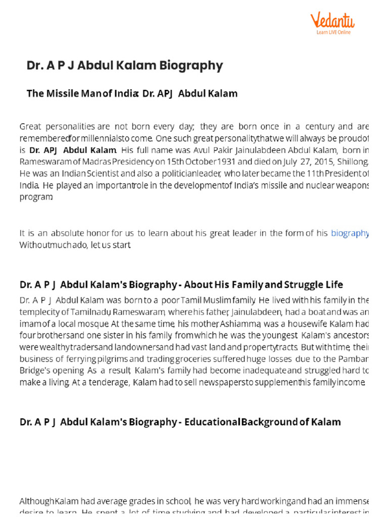 Dr. A P J Abdul Kalam Biography. A P J Abdul Kalam Biography. A P J ...