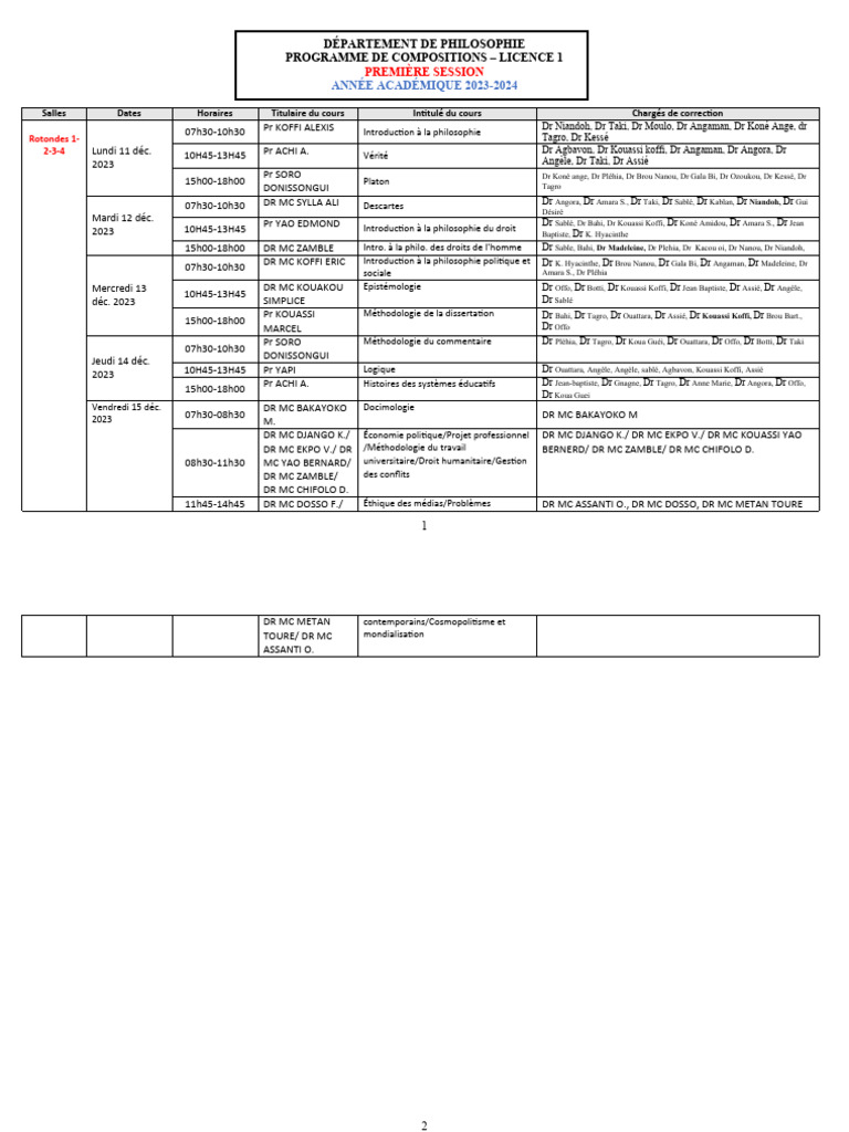 l1 Programme Des Compositions (1) - Session 1. 2023-2024 | PDF