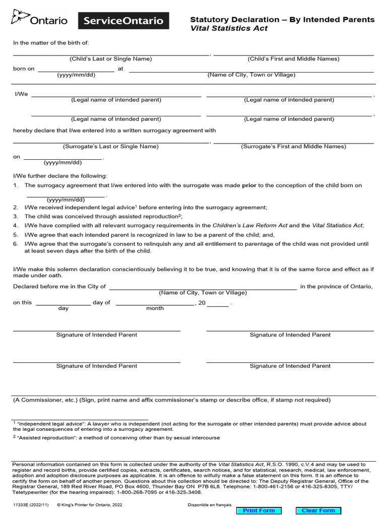 Vital Statistics Act: Statutory Declaration - by Intended Parents | Download Free PDF ...