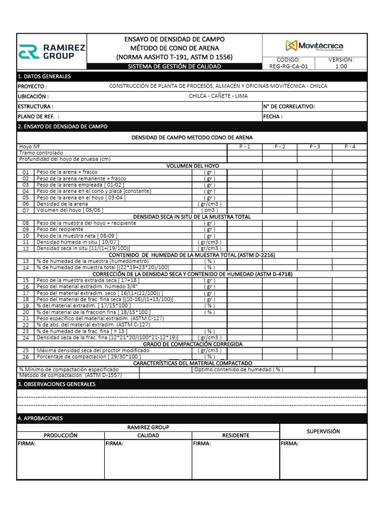 REG-RG-RC-02 Registro de Ensayo de Densidad de Campo | PDF