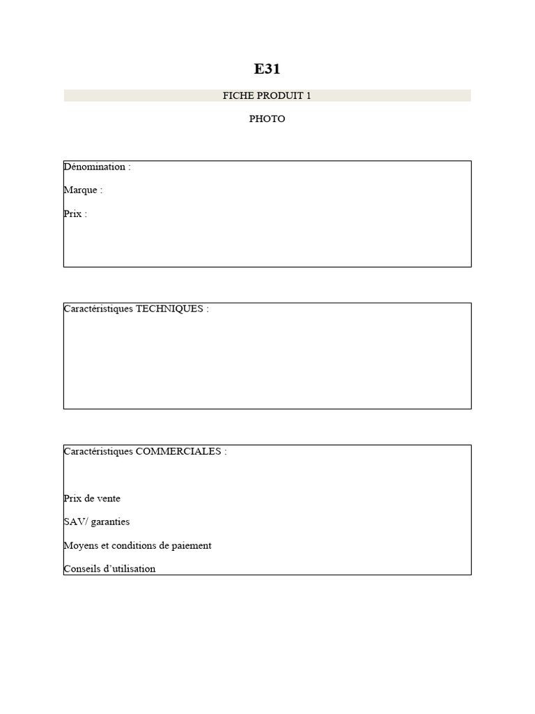 E31 Fiches Produits Vierges | PDF | Affaires | Jeux et activités