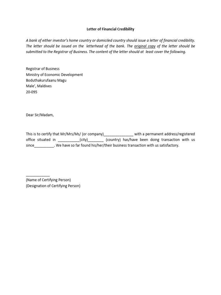 Financial Credibility Letter Template | PDF | Finance & Money Management
