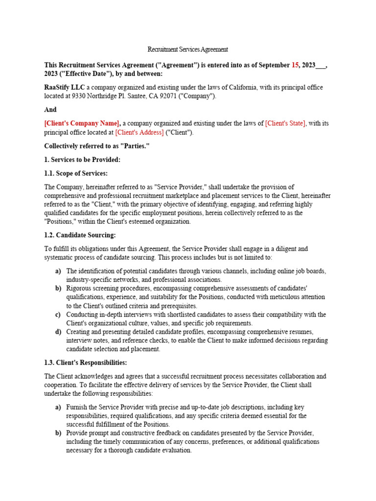 Recruitment Services Agreement Overview | PDF | Arbitration | Mediation