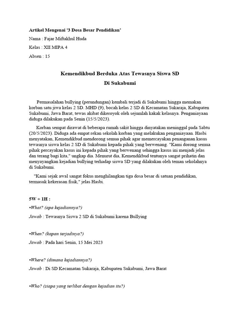Artikel Anti Perundungan Fajar Miftakhul Huda XII MIPA 4 | PDF