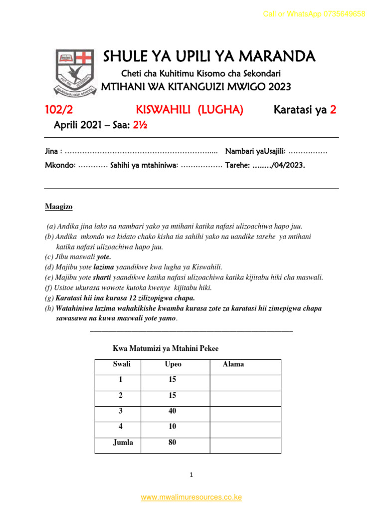 2023 Maranda Pre-Mock Kisw Pp2 Qns | PDF