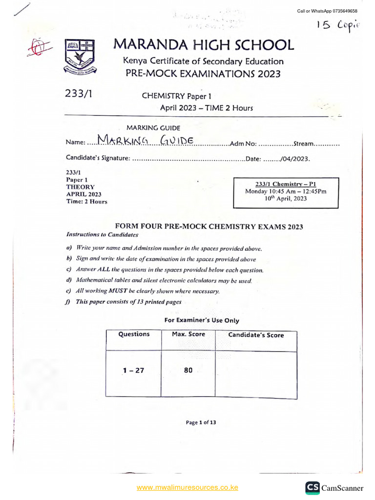 2023 Maranda Pre-Mock CHEM PP1 MS | PDF