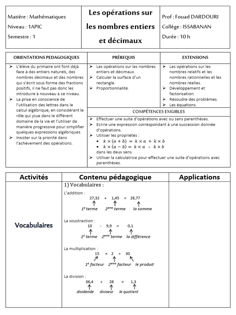 01 Les opérations sur les nombres entiers et décimaux | PDF