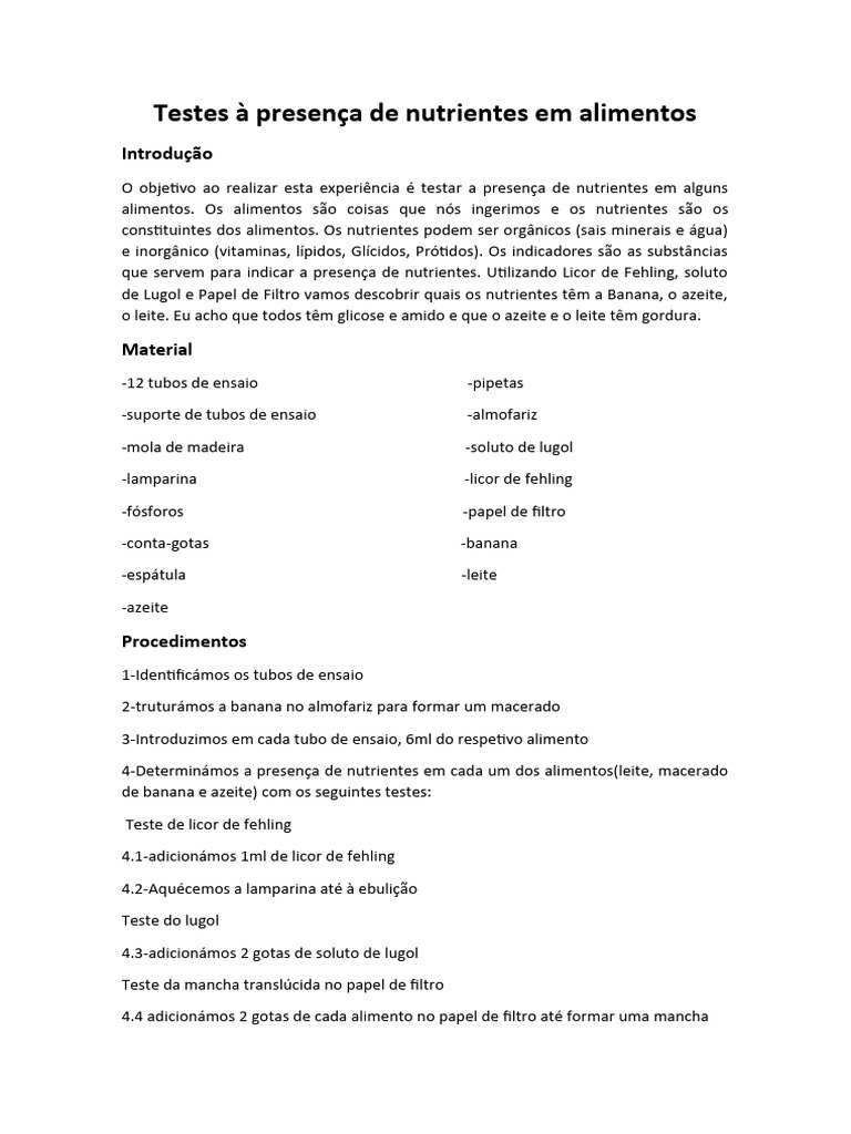 Testes à presença de nutrientes em alimentos | PDF | Nutrientes | Leite