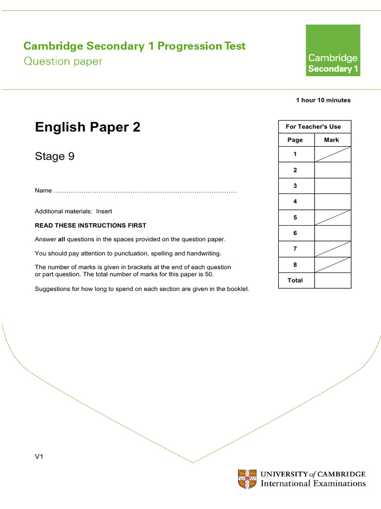 Secondary Progression Test - Stage 9 English Paper 2 | PDF | Writing ...