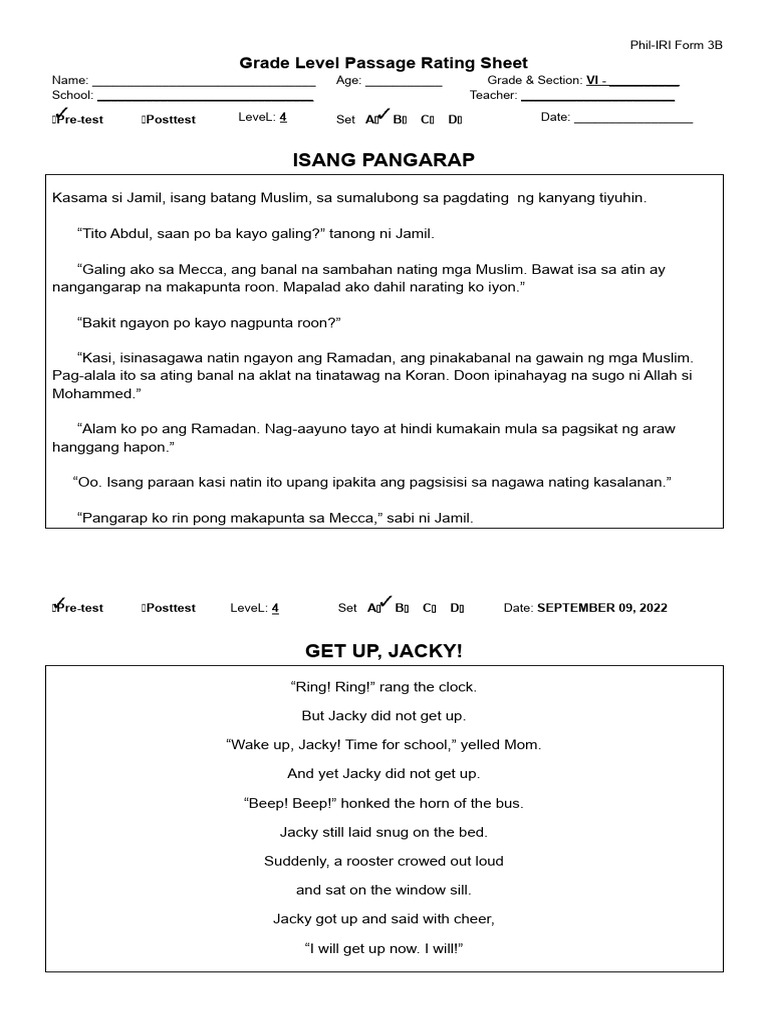 Grade Level Passage Rating Sheet | PDF