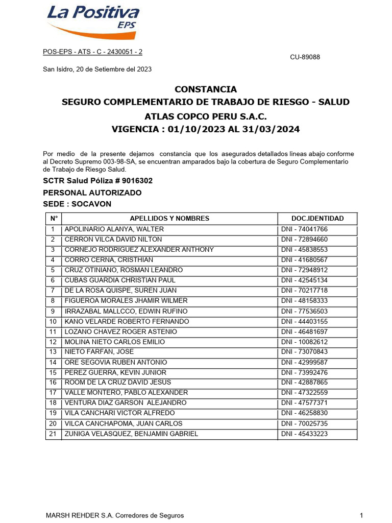 Ejemplo 2 de SCTR - CONSTANCIA - 002430051-0002 - 20230920100118 | PDF | Seguridad y salud ...