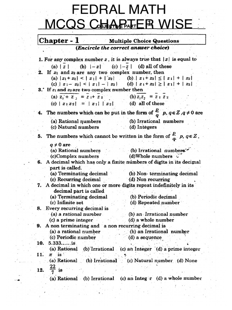 Mcqs-Math-Fsc-Part1 Mcqs Entry Test | PDF