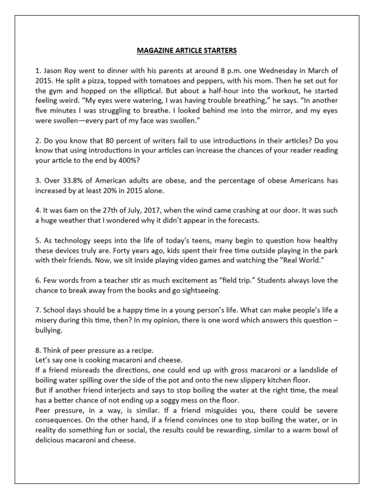 Grade 8 Magazine Article Starters | PDF