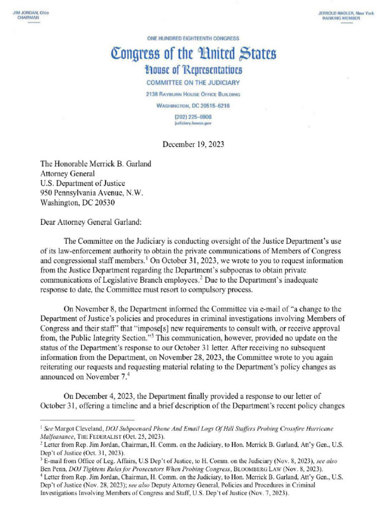 Jordan Letter To Garland Re Subpoenas | PDF