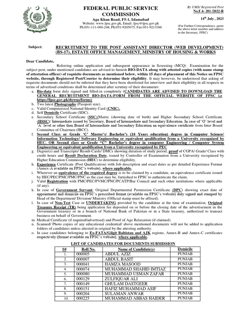 FPSC Document Submission Notice | PDF | Academic Degree | Identity Document