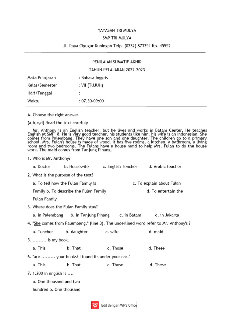 Soal Psat Kelas 7 | PDF