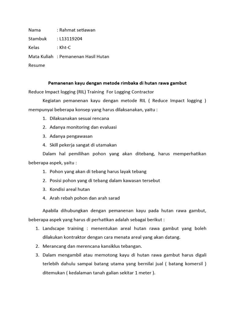 Resume Pemanenan Hasil Hutan Rahmat Setiawan L13119204 | PDF