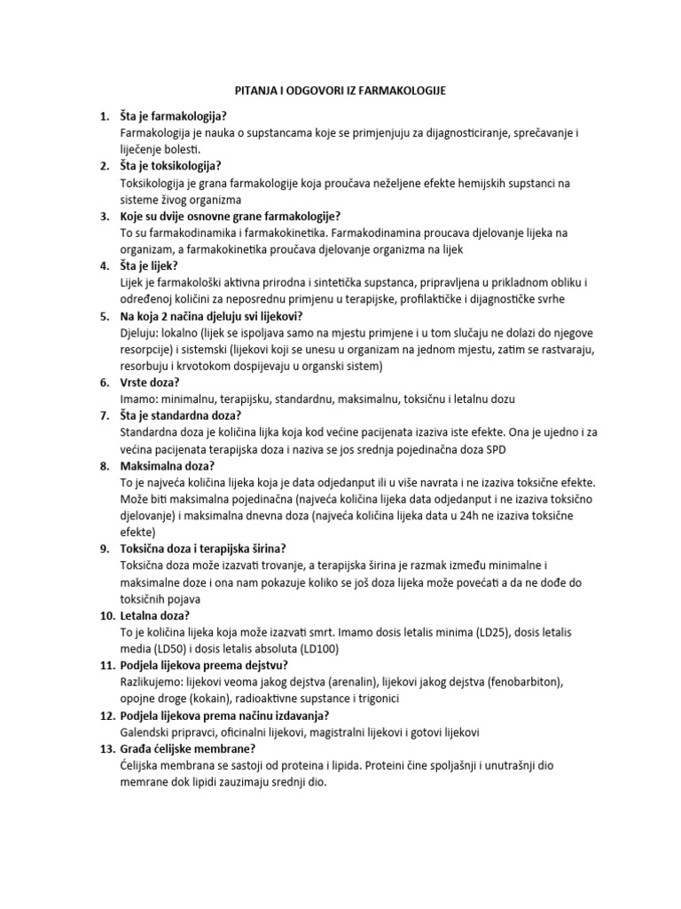 Pitanja I Odgovori Iz Farmakologije 2 | PDF