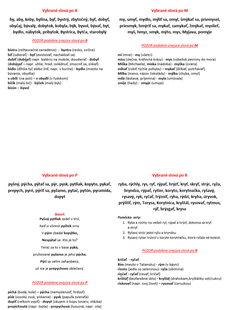 Zhrnutie Vybraných Slov Po B, M, P, R | PDF