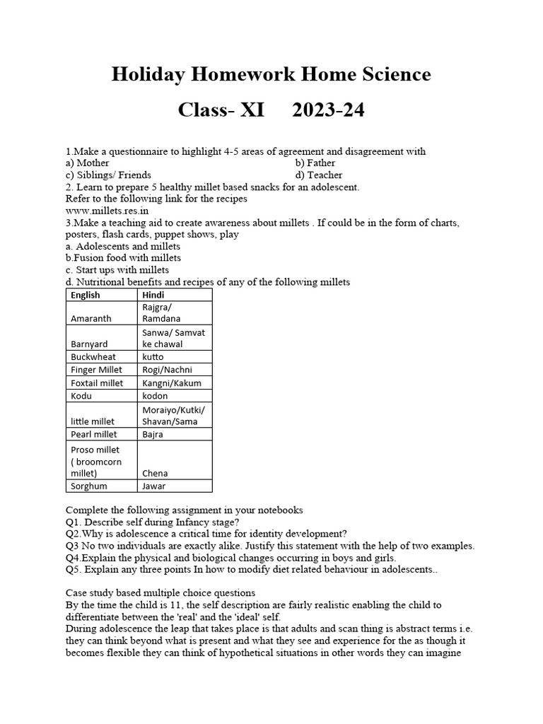Holiday Homework Home Science XI | PDF | Nutrition | Diet & Nutrition