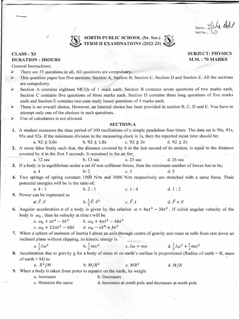_Term 2 Physics Paper | PDF | Mass | Waves