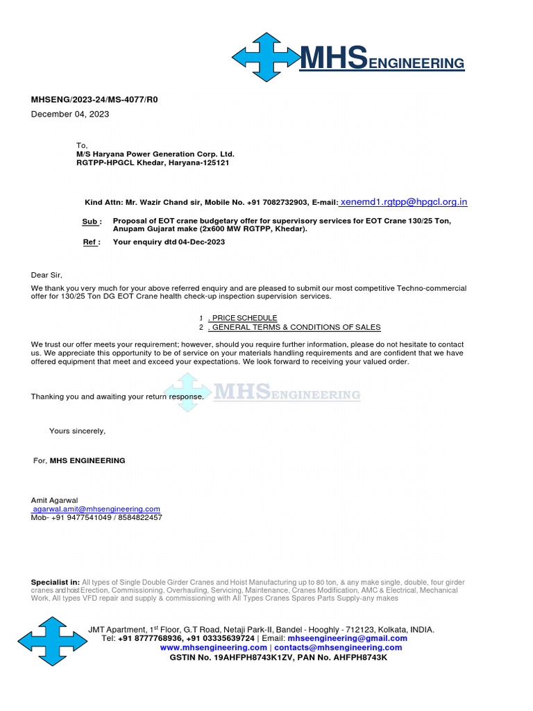 Budgetary Offer RGTPP - HPGCL EMD | PDF | Crane (Machine) | Economies