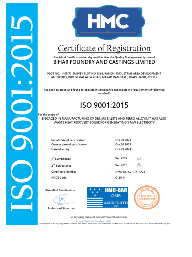 ISO 9001:2015 Certification for Bihar Foundry | PDF