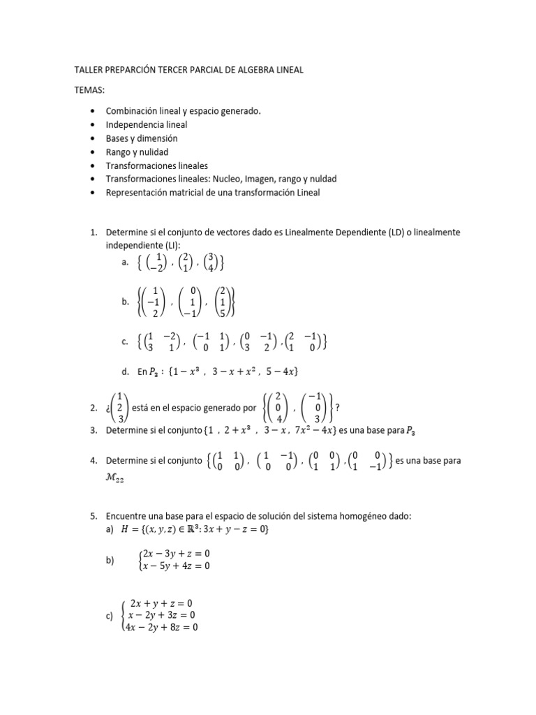 Taller de Álgebra Lineal: Tercer Parcial | PDF | Mapa lineal | Base ...