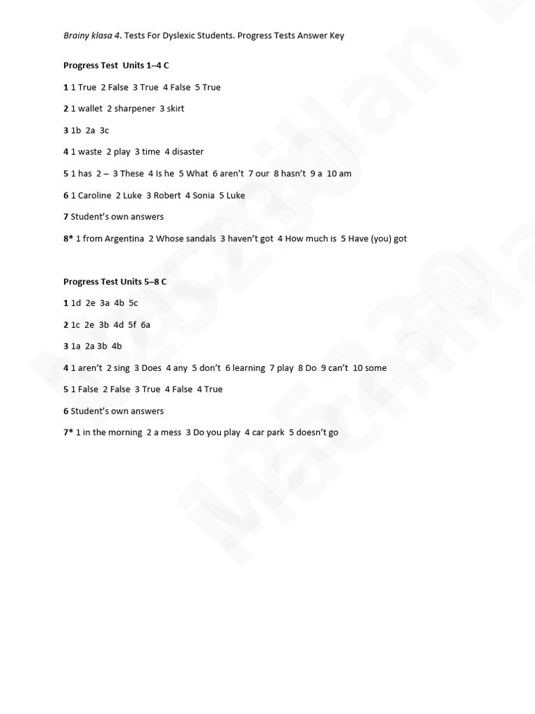 Brainy Kl4 Dyslexia Progress Tests Answer Key | PDF