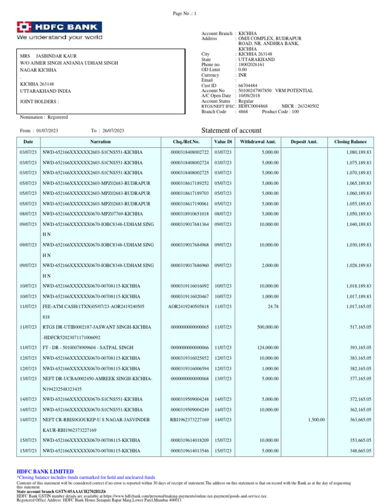 Acct Statement - XX7850 - 26072023 | PDF | Business Economics | Banking