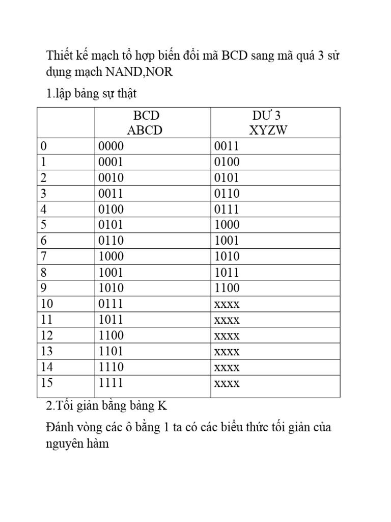 Thiết kế mạch tổ hợp biến đổi mã BCD sang mã quá 3 sử dụng mạch NAND | PDF