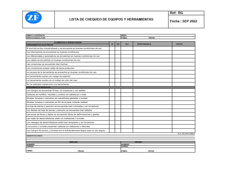 Lista de Chequeo Equipos y Herramientas | PDF | Herramientas | Bienes ...