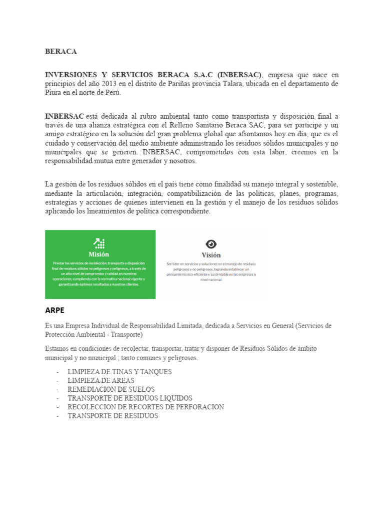 Inversiones y Servicios Beraca S.A.C. | PDF | Negocios | Ciencias sociales