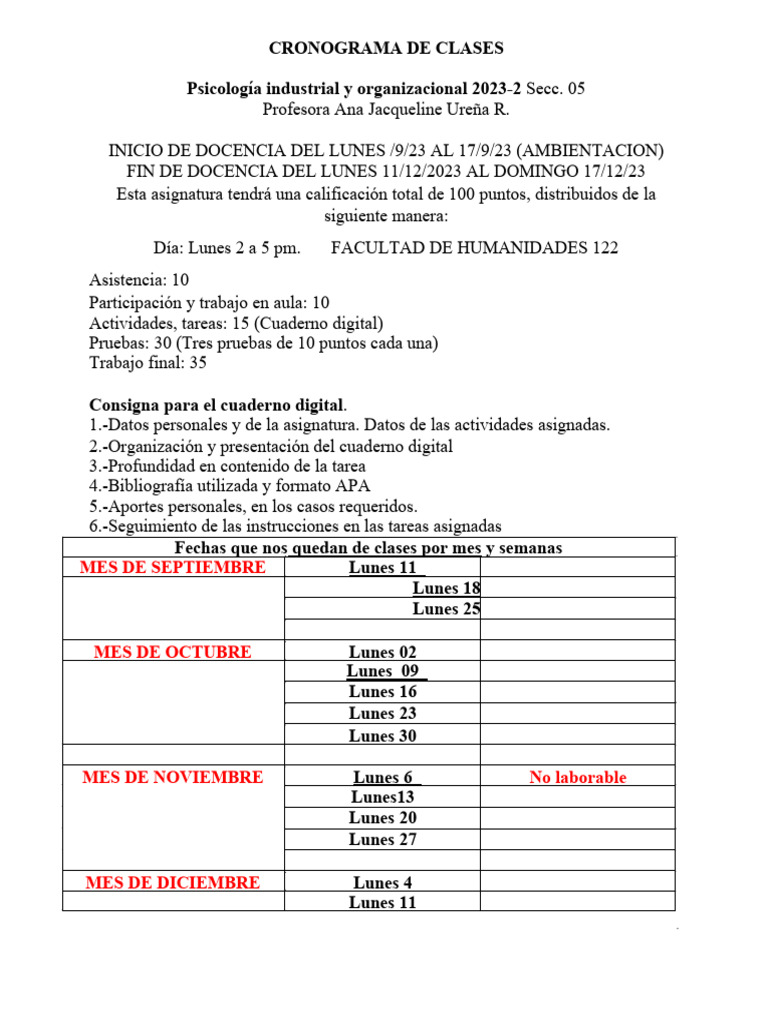 Cronograma de Clases Psi-330, 2023-2-1 | PDF | Sicología | Psicología ...