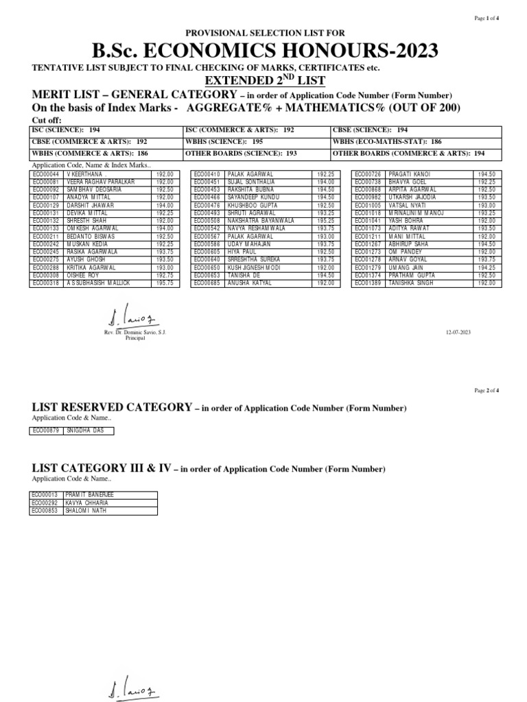 B.Sc. Economics Honours-2023: Extended 2 List | PDF | Payments ...